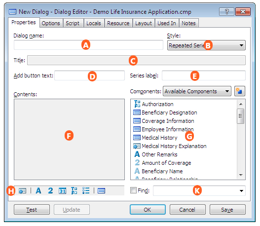 At a Glance: The Dialog Editor (Properties tab)