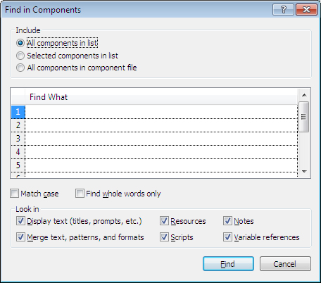 At a Glance: The Find In Components dialog box